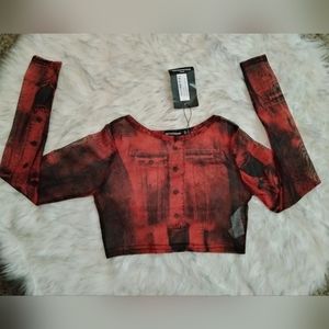 PrettyLittleThing | Tops | Plt Red Jean Printed Mesh Long Sleeve Crop ...